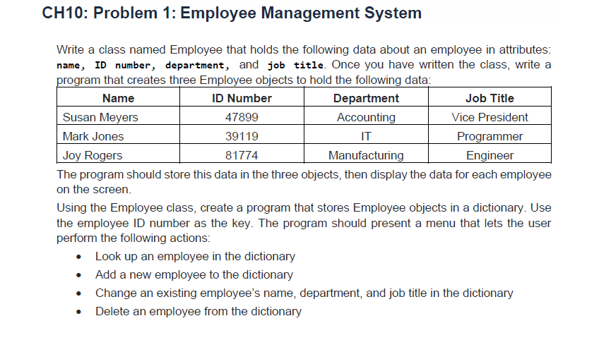 Solved CH10: Problem 1: Employee Management System Write a | Chegg.com