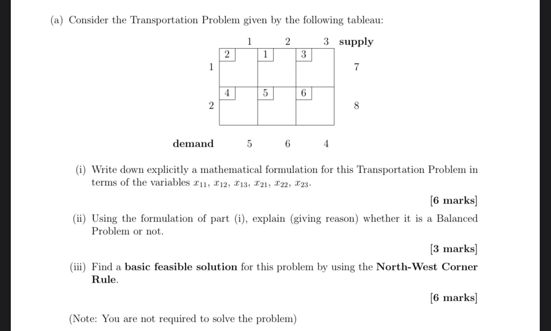 Solved (a) Consider the Transportation Problem given by the | Chegg.com