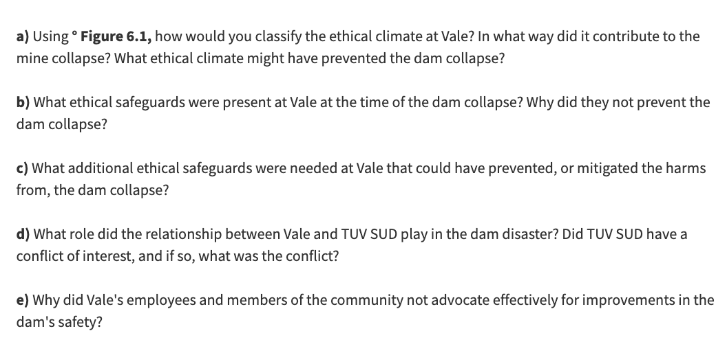 Solved Discussion Case: The Vale Mining Company Dam Collapse | Chegg.com
