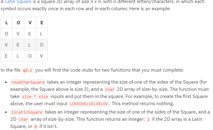 Solved A Latin Square is a square 2D array of size nxn, with | Chegg.com