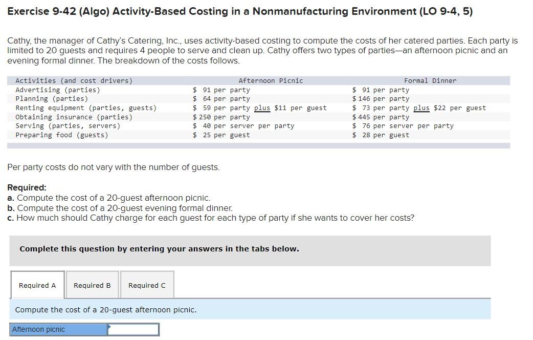 Solved Exercise 9−42 (Algo) Activity-Based Costing in a | Chegg.com
