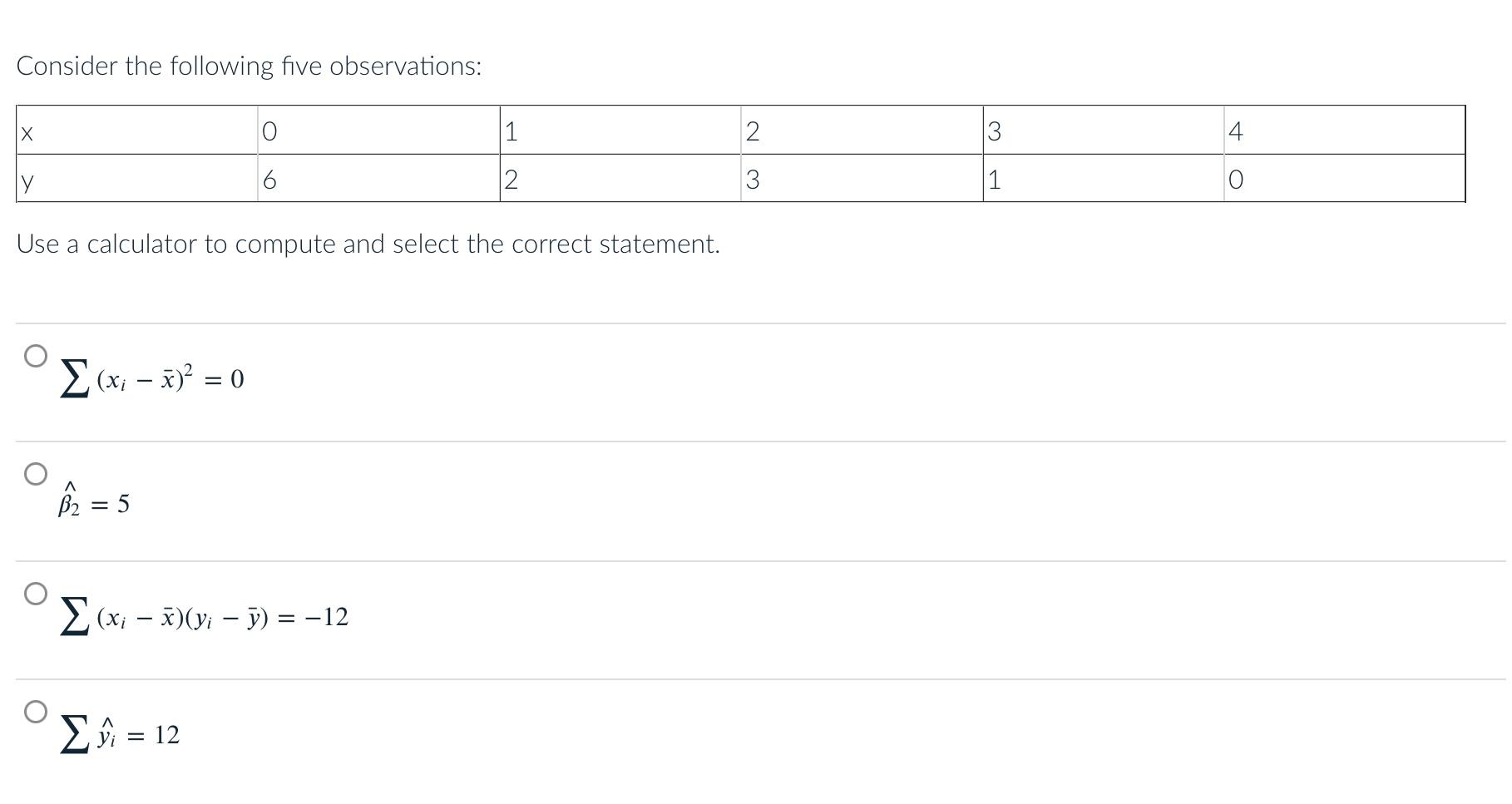 Solved Consider the following five observations: x 0 1 2 3 4 | Chegg.com