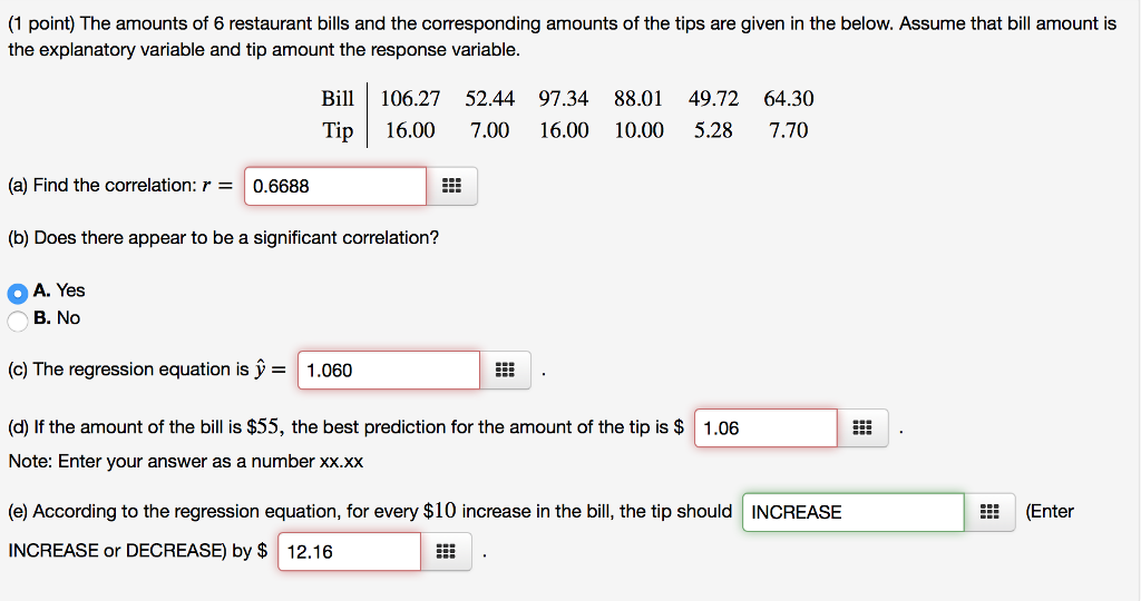 Solved (1 point) The amounts of 6 restaurant bills and the | Chegg.com