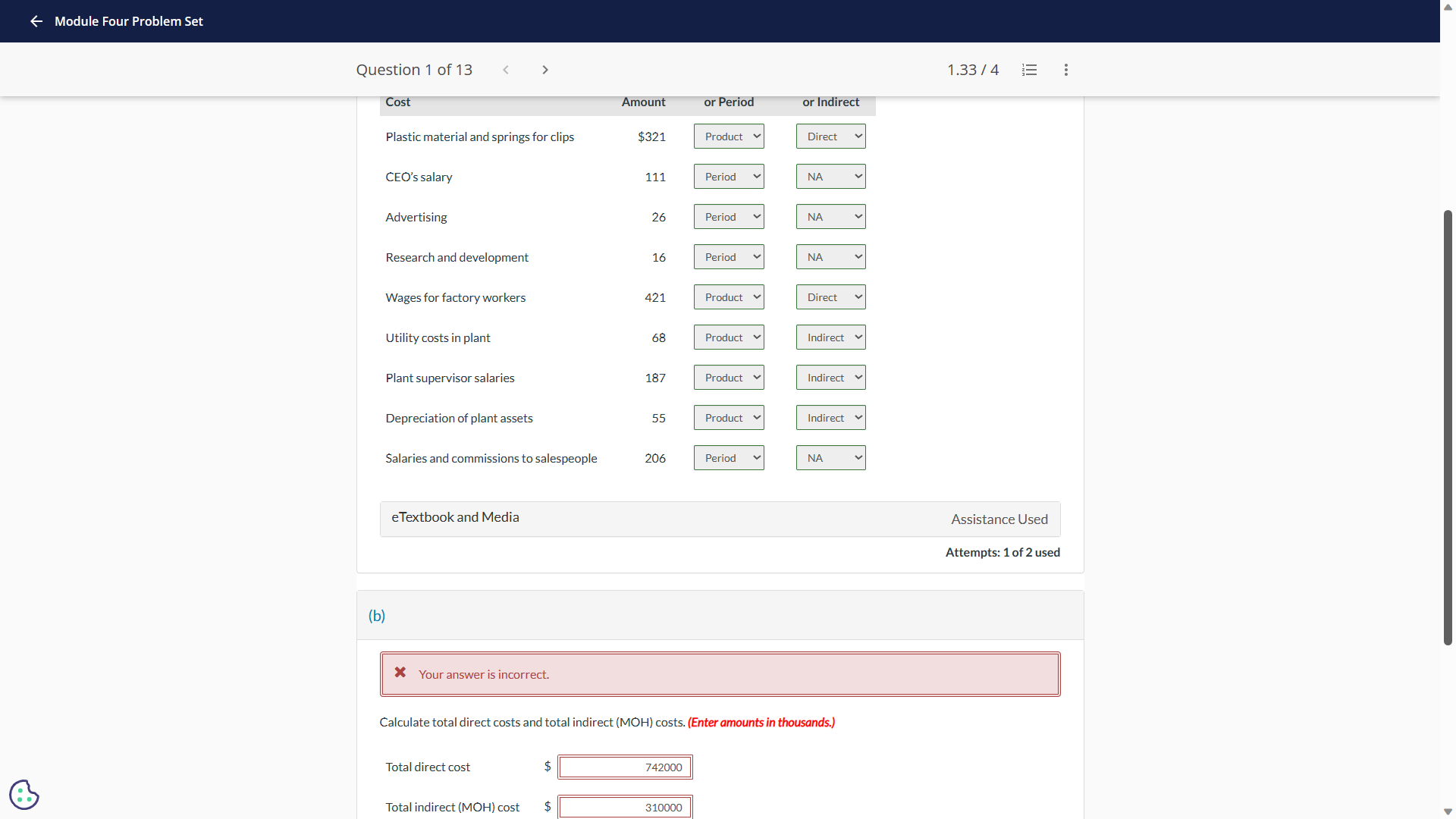 Solved Calculate total direct costs and total indirect (MOH) | Chegg.com