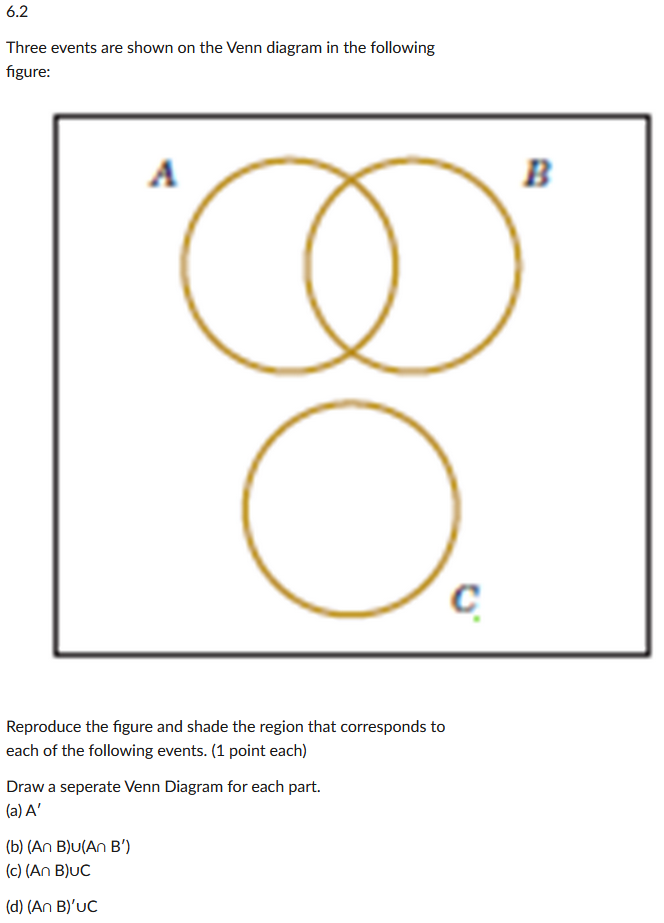 Solved 6.2 Three events are shown on the Venn diagram in the | Chegg.com