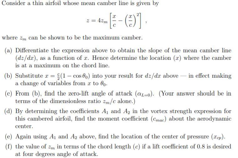 Consider a thin airfoil whose mean camber line is | Chegg.com