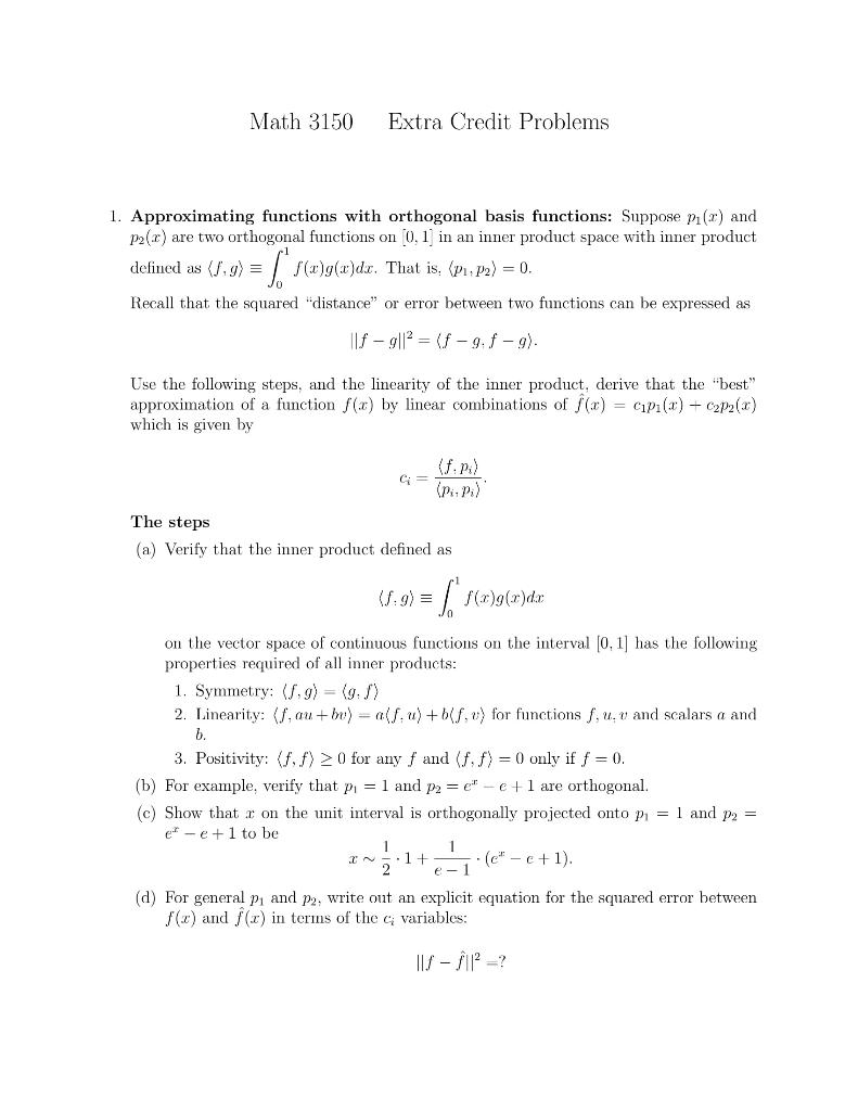 Solved 1. Approximating functions with orthogonal basis | Chegg.com