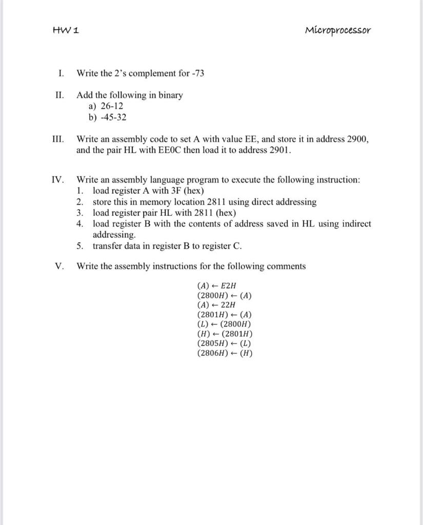 Solved HW 1 Microprocessor I. Write the 2's complement for | Chegg.com
