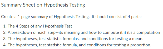 Solved Summary Sheet on Hypothesis Testing Create a 1 page | Chegg.com