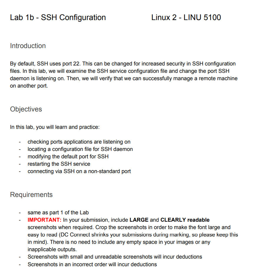 Lab 1b - SSH Configuration Linux 2 - LINU 5100 | Chegg.com