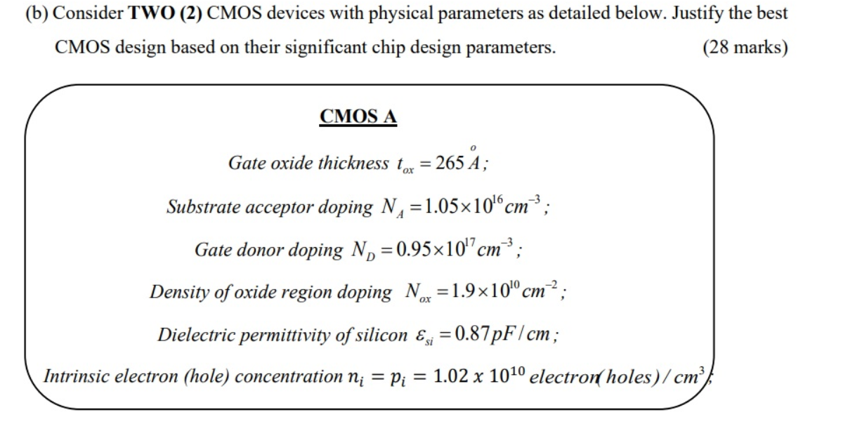 Solved (b) Consider TWO (2) CMOS devices with physical | Chegg.com