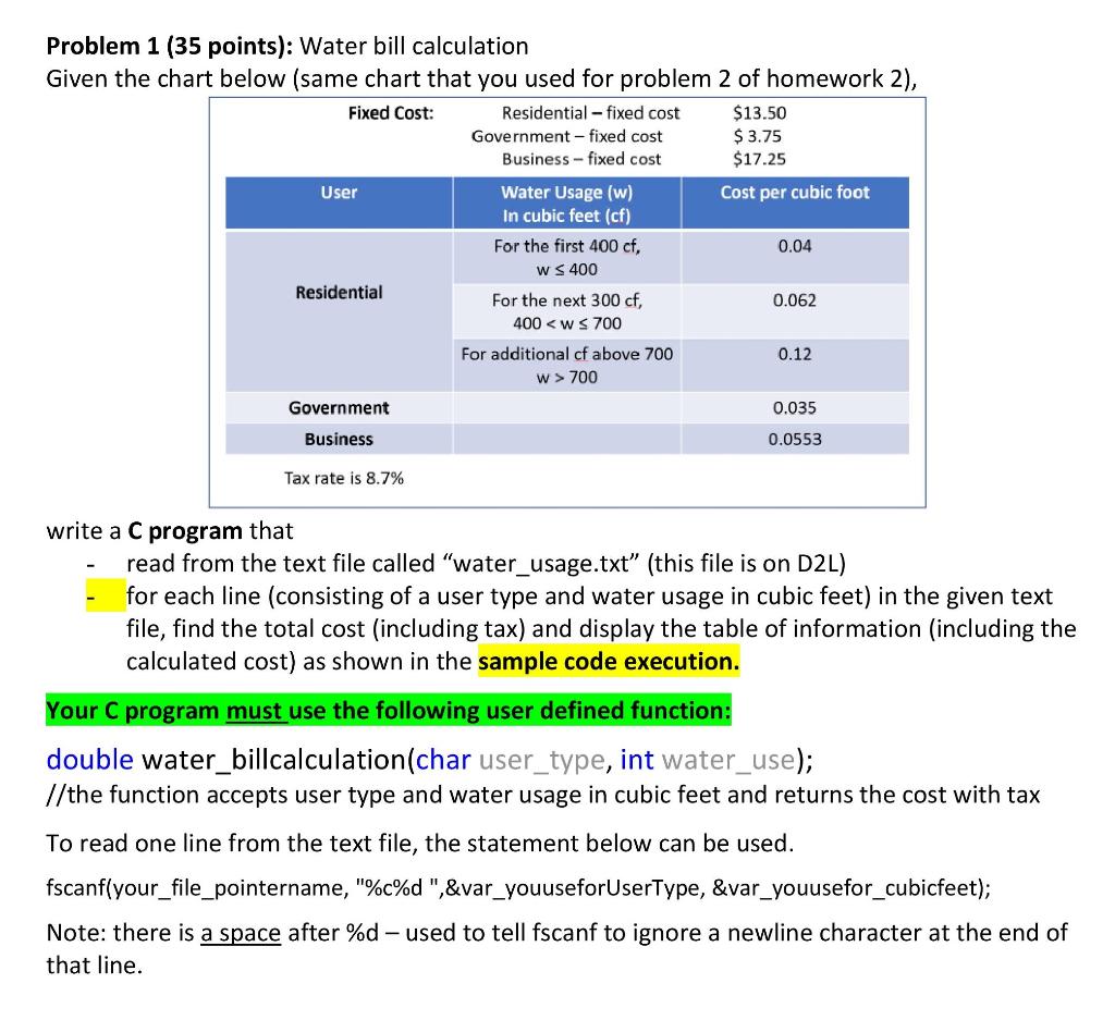 Solved Problem 1 (35 points): Water bill calculation Given | Chegg.com