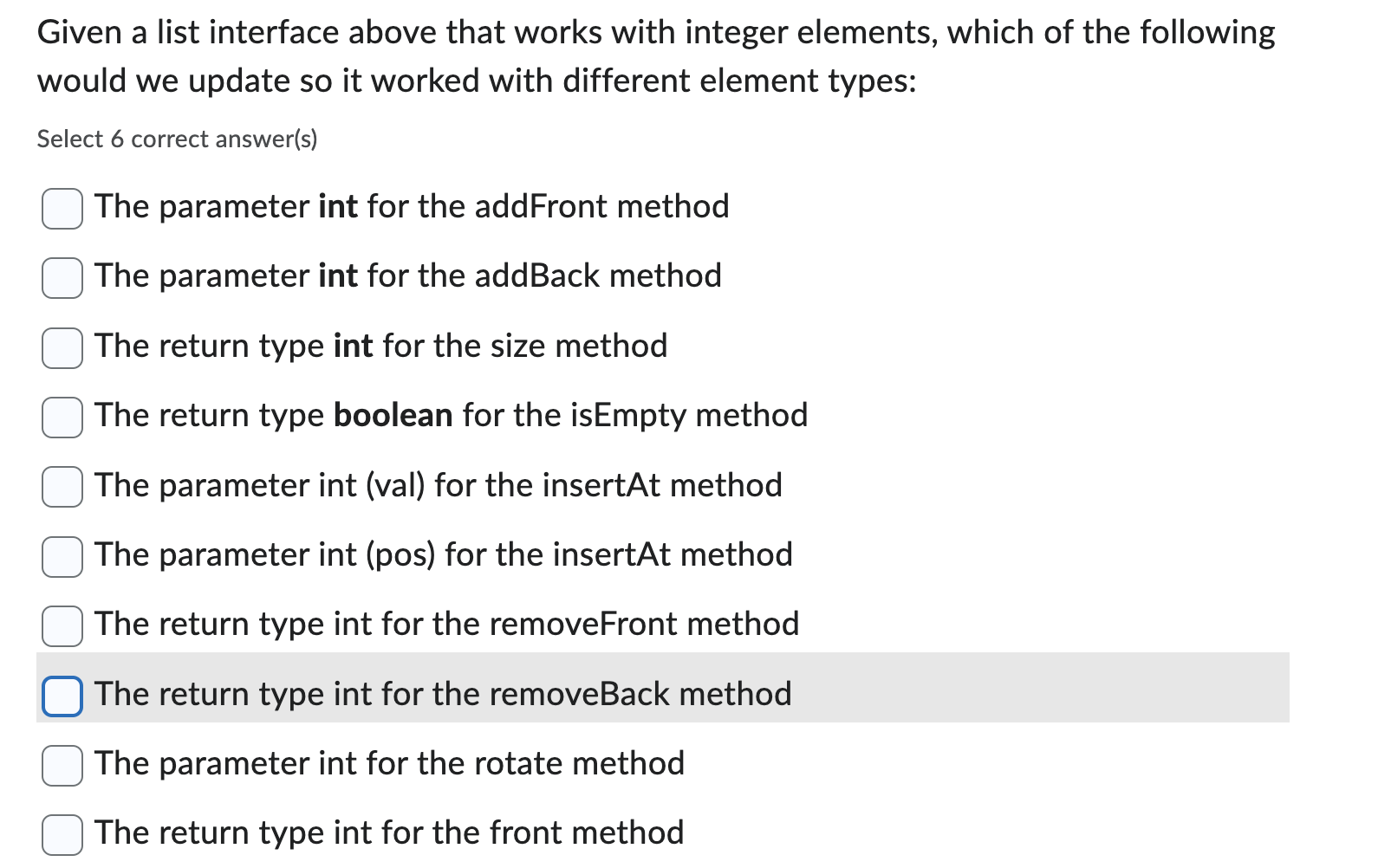 Solved public interface QuizList \{ public void addFront(int | Chegg.com