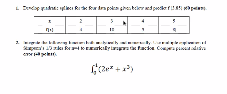 1. Develop quadratic splines for the four data points | Chegg.com