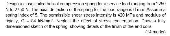Solved Design a close coiled helical compression spring for | Chegg.com