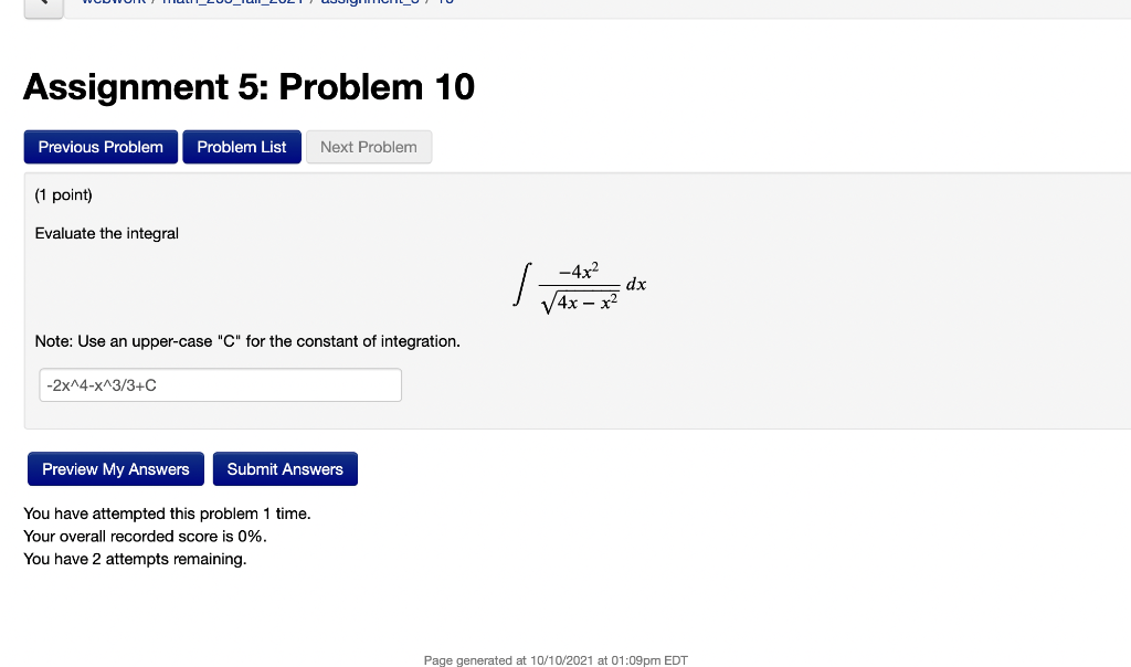 Solved Assignment 5: Problem 10 Previous Problem Problem | Chegg.com