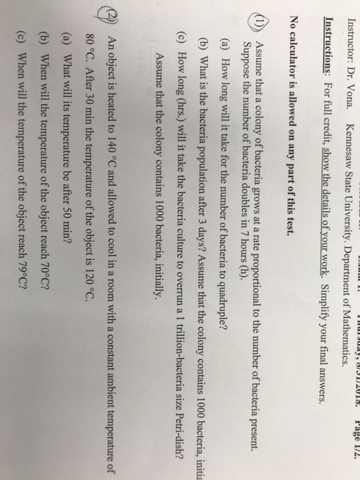 Solved Instructor: Dr. Vona. Kennesaw State University. | Chegg.com