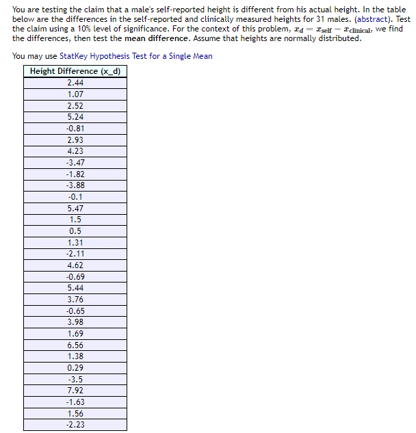 Solved You are testing the claim that a male's self-reported | Chegg.com