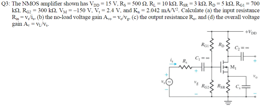 Solved 23: The NMOS amplifier shown has VDD=15 | Chegg.com