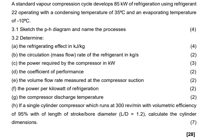 Solved A standard vapour compression cycle develops 85 kW of | Chegg.com