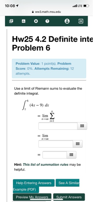 Solved 10:081 '11 LTE ww3.math.msu.edu Hw25 4.2 Definite | Chegg.com