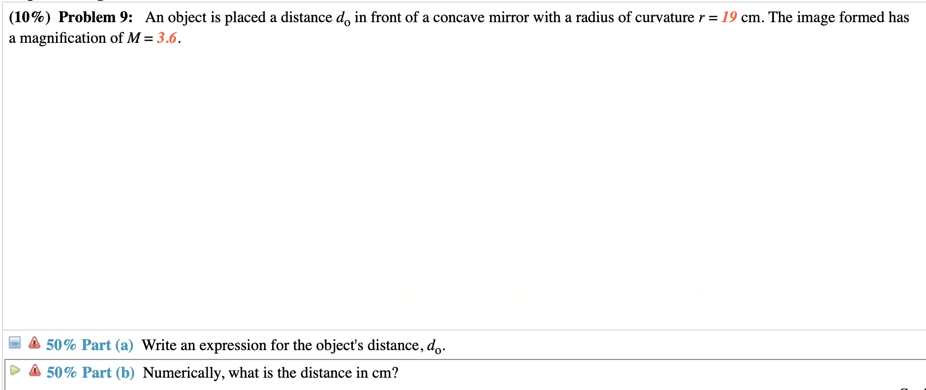 Solved (10%) Problem 9: An object is placed a distance de in | Chegg.com