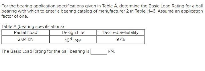 Solved For the bearing application specifications given in | Chegg.com