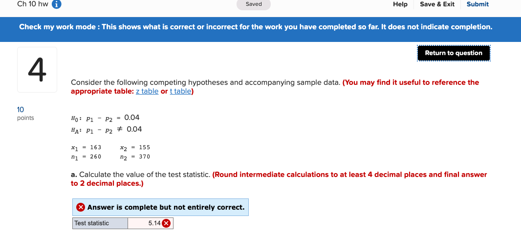 Solved Ch 10 hw i Saved Help Save & Exit Submit Check my | Chegg.com