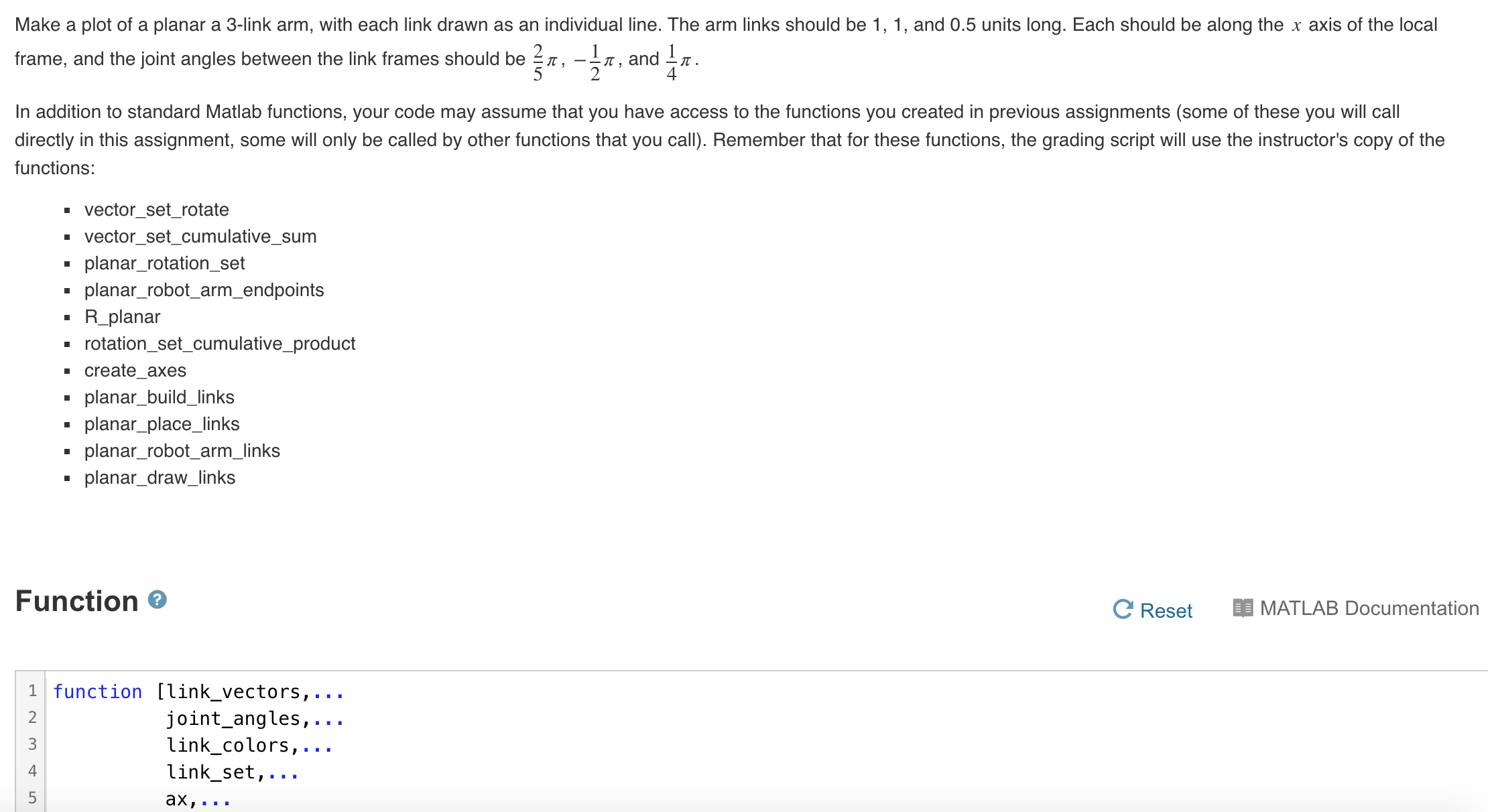 Make a plot of a planar a 3-link arm, with each link | Chegg.com