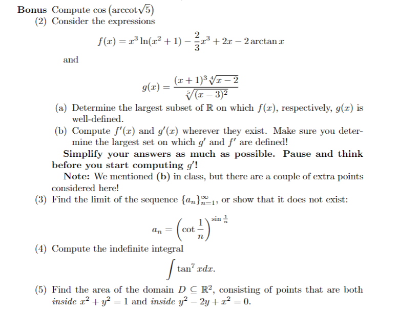 Solved Bonus Compute cos (arccot5) (2) Consider the | Chegg.com