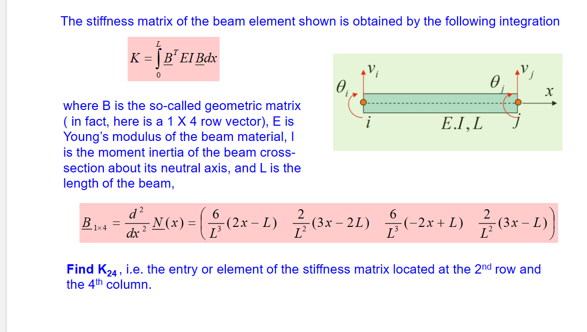 Solved The stiffness matrix of the beam element shown is | Chegg.com