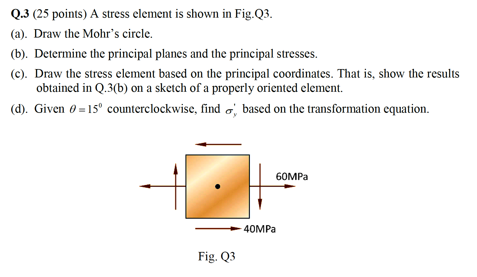Solved Q.3 (25 points) A stress element is shown in Fig.Q3. | Chegg.com