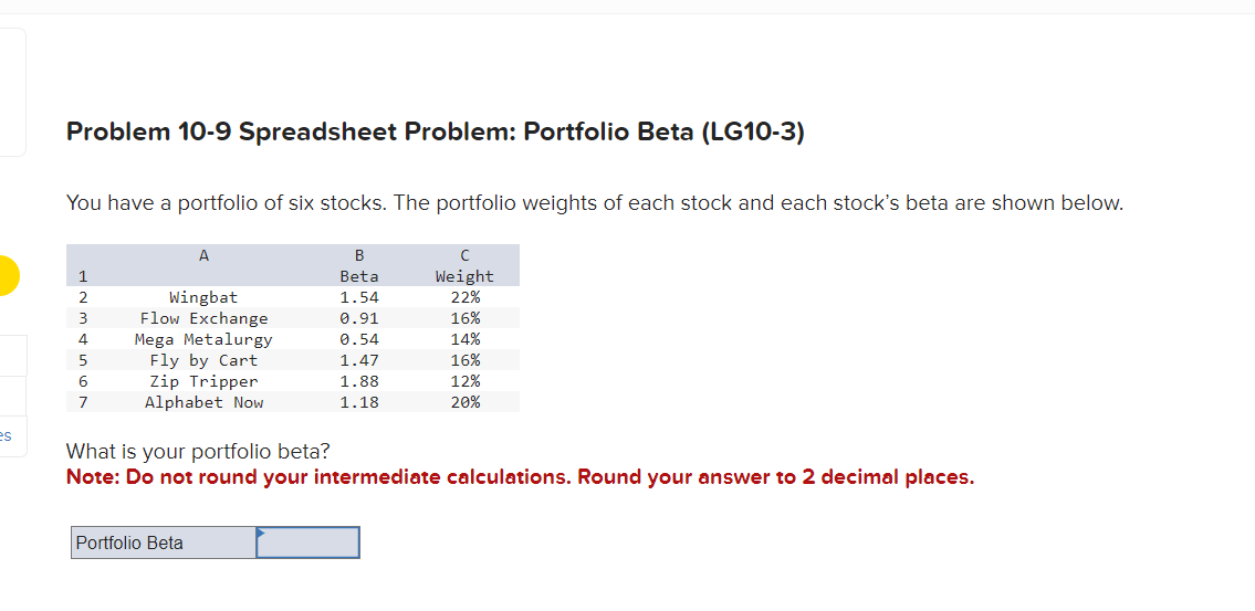 Solved Problem 10-9 Spreadsheet Problem: Portfolio Beta | Chegg.com