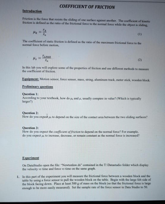 Solved: COEFFICIENT OF FRICTION Introduction Friction Is T... | Chegg.com