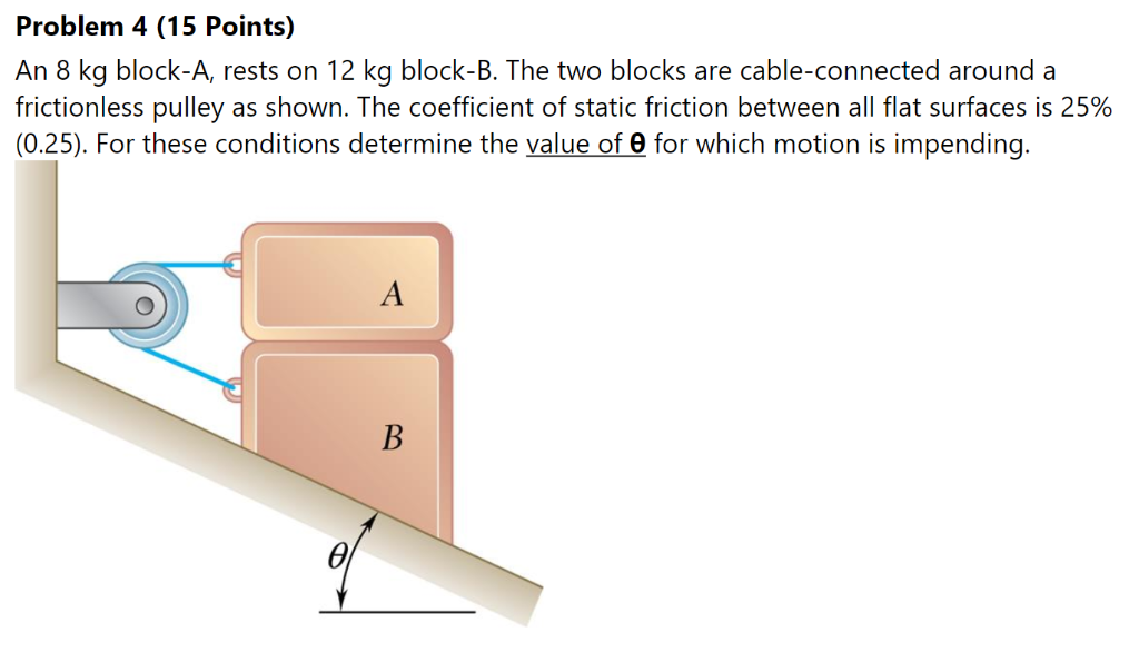 Solved Problem 4 (15 Points) An 8 kg block-A, rests on 12 kg | Chegg.com