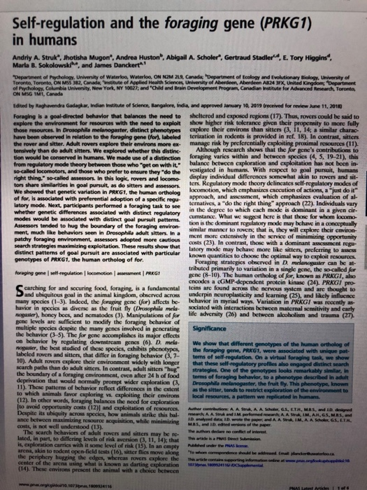 Solved Self-regulation and the foraging gene (PRKG1) | in | Chegg.com