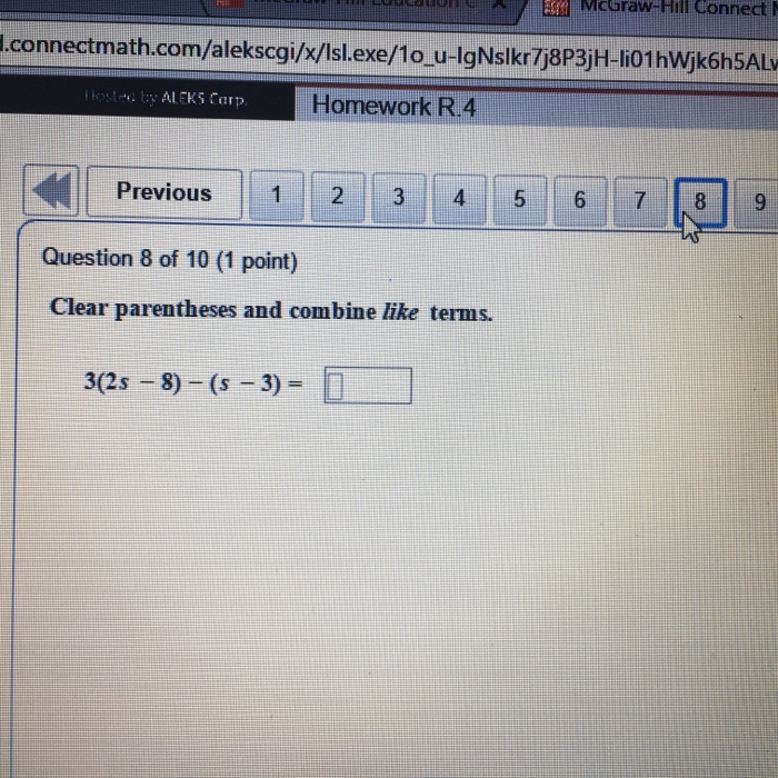 Solved Clear parentheses and combine like terms. 3(2s - 8) | Chegg.com