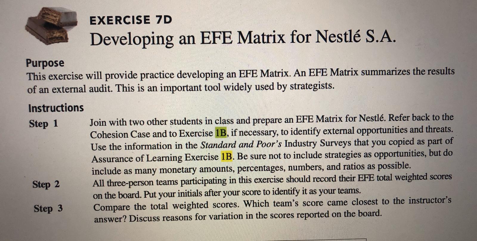 EXERCISE 7D Developing an EFE Matrix for Nestlé S.A. | Chegg.com