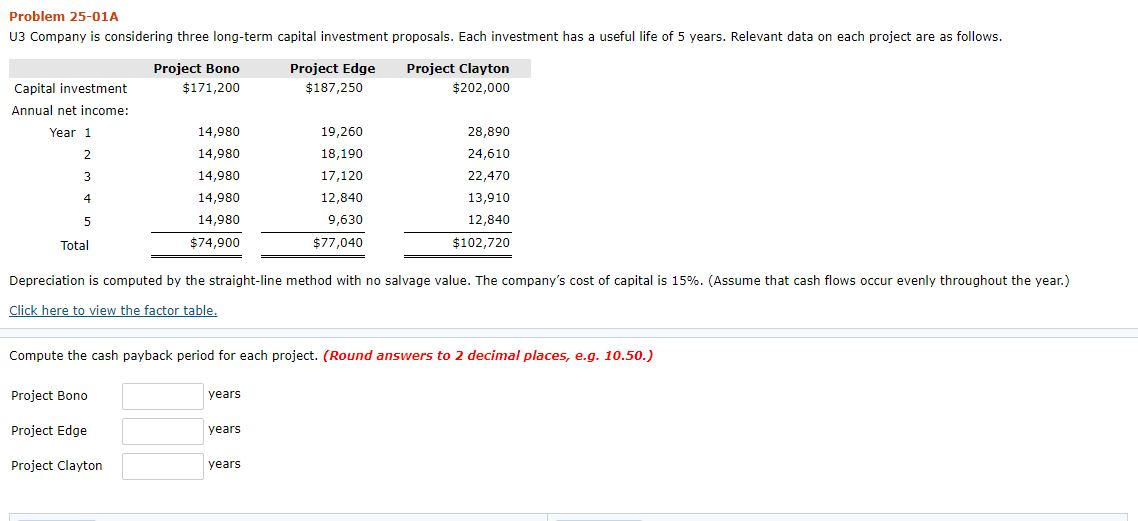 Solved Problem 25-01A U3 Company is considering three | Chegg.com