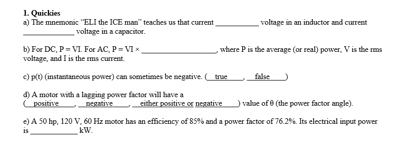 Solved 1. Quickies a) The mnemonic ELI the ICE man” teaches | Chegg.com