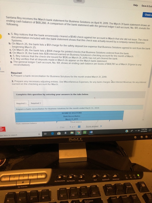 Solved Help Save & Exit Check Santana Rey receives the March | Chegg.com