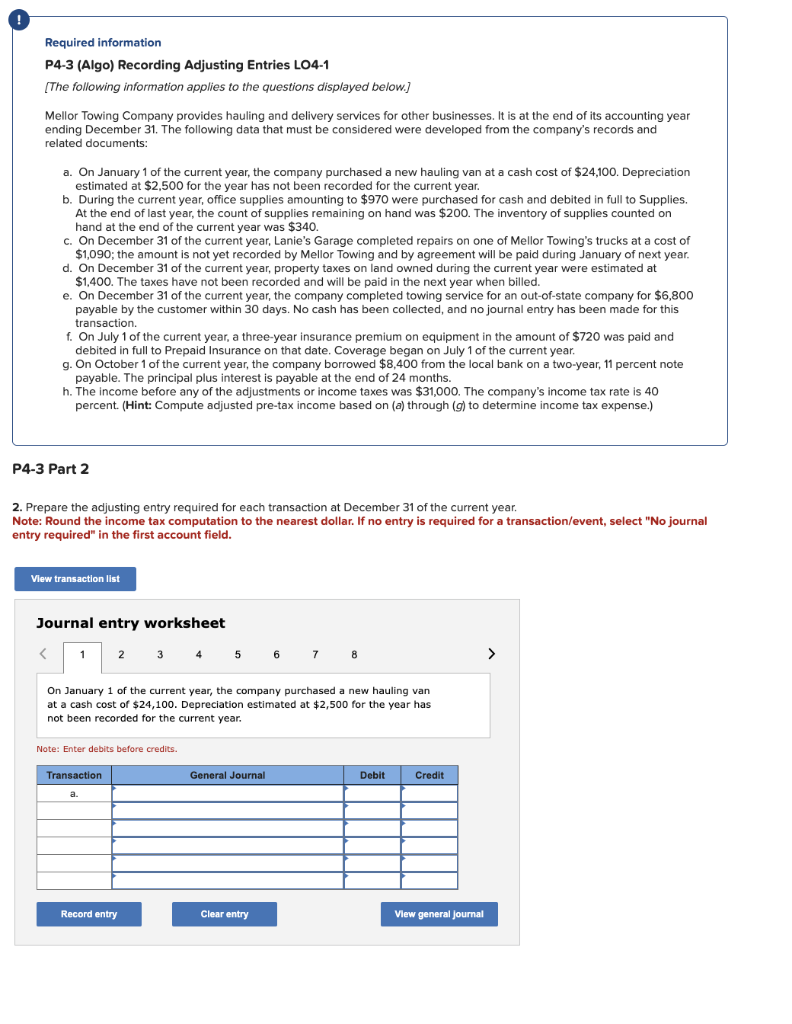 Solved Required information P4-3 (Algo) Recording Adjusting | Chegg.com