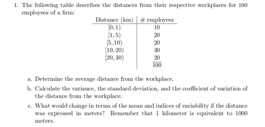 Solved 1. The following table describes the distances from | Chegg.com