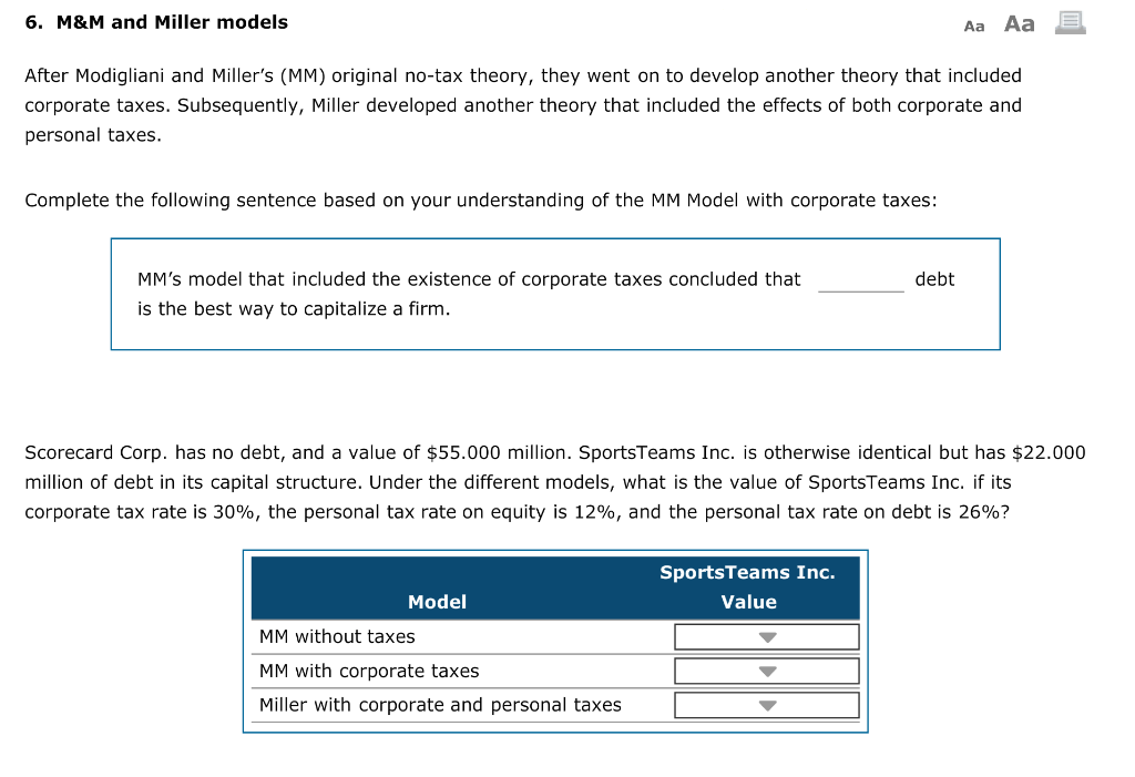 Solved 6. M&M and Miller models Aa Aa After Modigliani and | Chegg.com