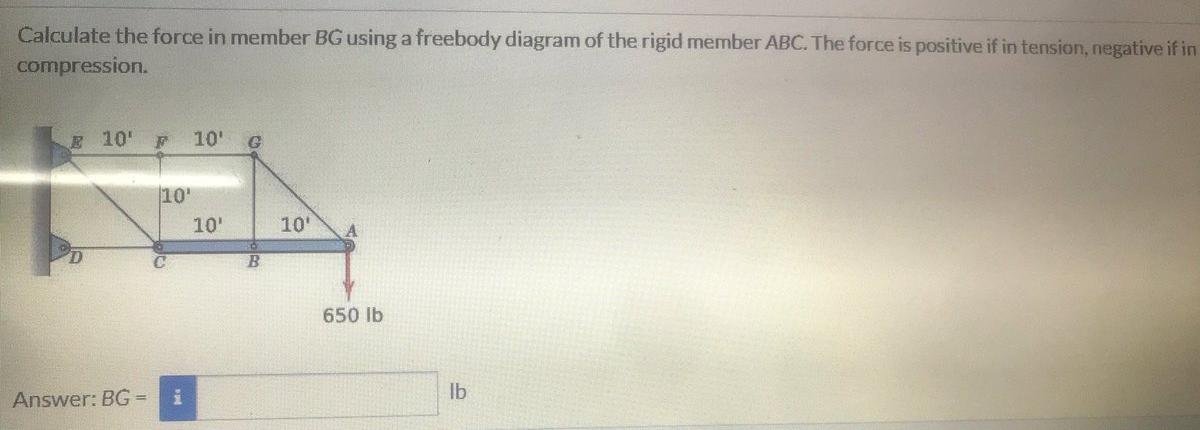 Solved Calculate the force in member BG using a freebody | Chegg.com