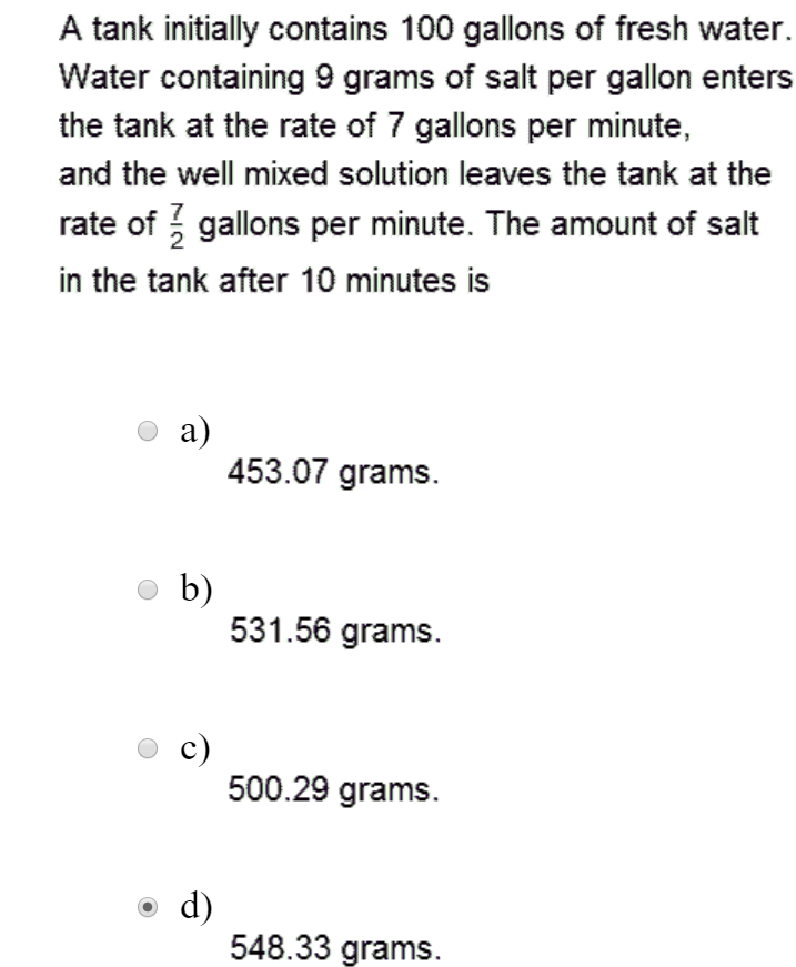 Solved A tank initially contains 100 gallons of fresh water. | Chegg.com