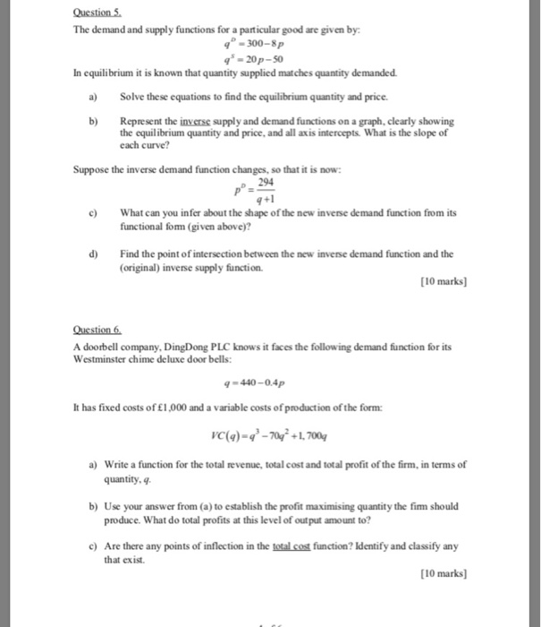 Solved Question 5 The demand and supply functions for a | Chegg.com