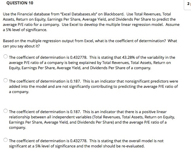 Solved QUESTION 10 2 Use the Financial database from "Excel | Chegg.com
