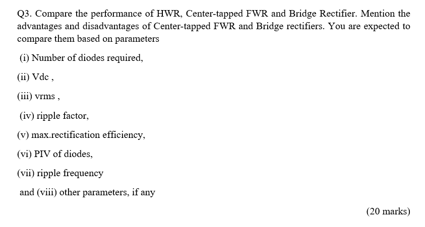 Solved Q3. Compare the performance of HWR, Center-tapped FWR | Chegg.com