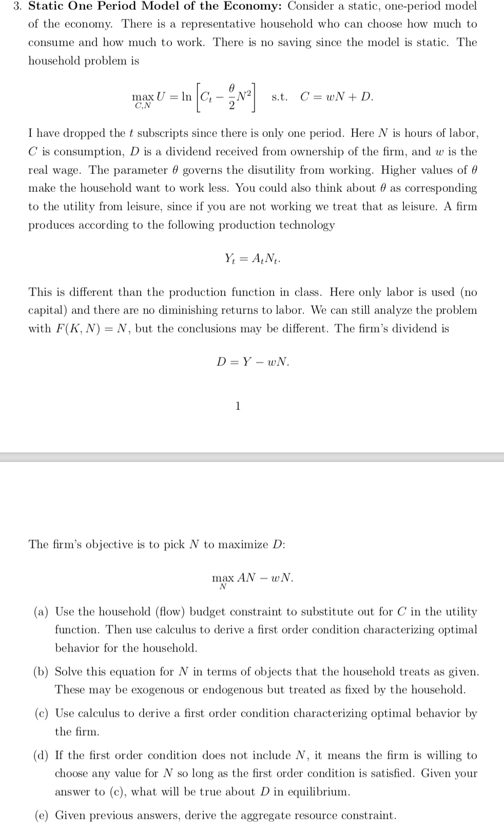 Solved 3. Static One Period Model of the Economy: Consider a | Chegg.com
